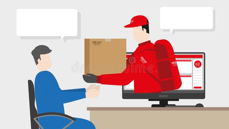 Fast Delivery Concept. Delivery Man and Parcel Box Get through Computer ...