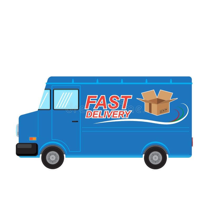 Fast Delivery Logo Design with Open Paper Box on Blue Truck. Side View ...