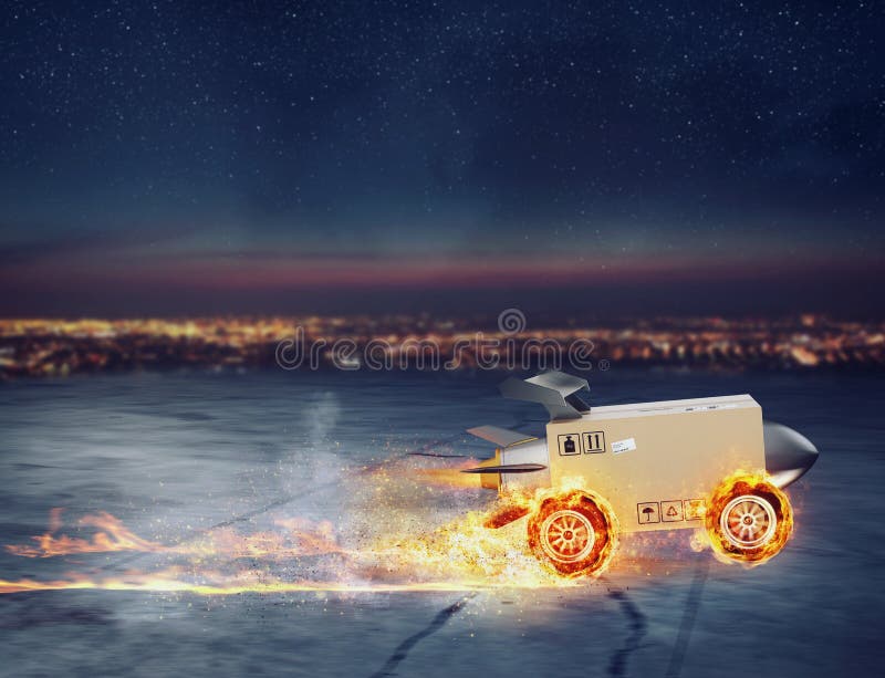Fast Delivery of Package Box Like a Rocket with Wheels on Fire Stock ...