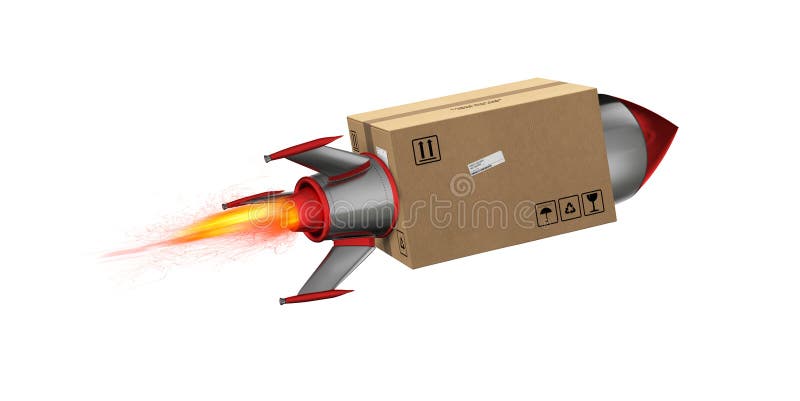 Fast Delivery of Package by Turbo Rocket. 3D Rendering. Fire, Freight ...