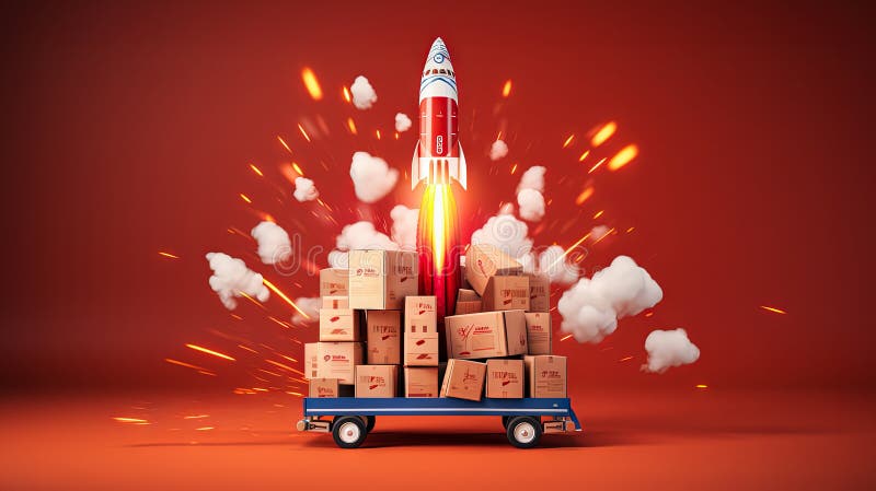 Fast Delivery Packet or Parcel Concept. Rocket with Box Stock ...