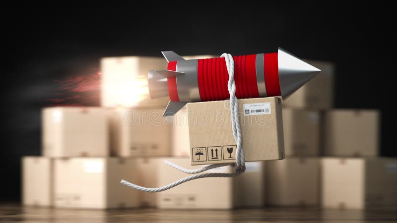Fast Delivery Packet or Parcel Concept. Rocket with Cardboard Box in a ...