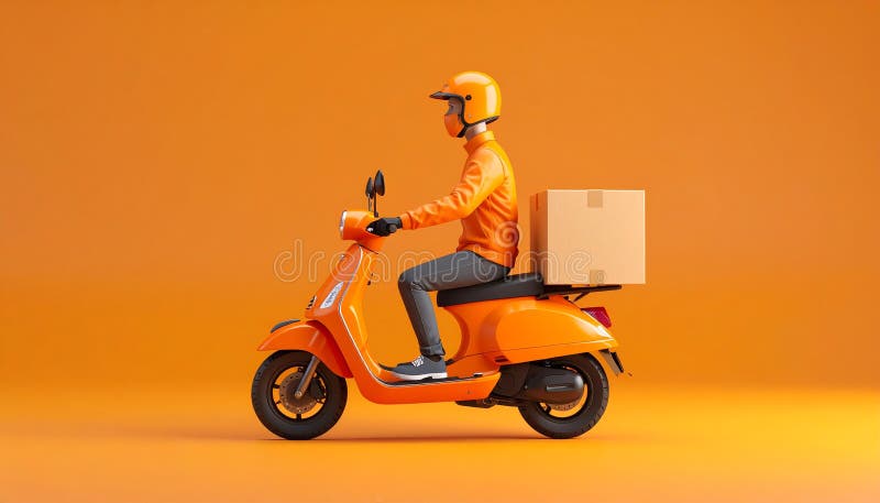 Fast Delivery Service: Orange Scooter Rider with Package Stock ...