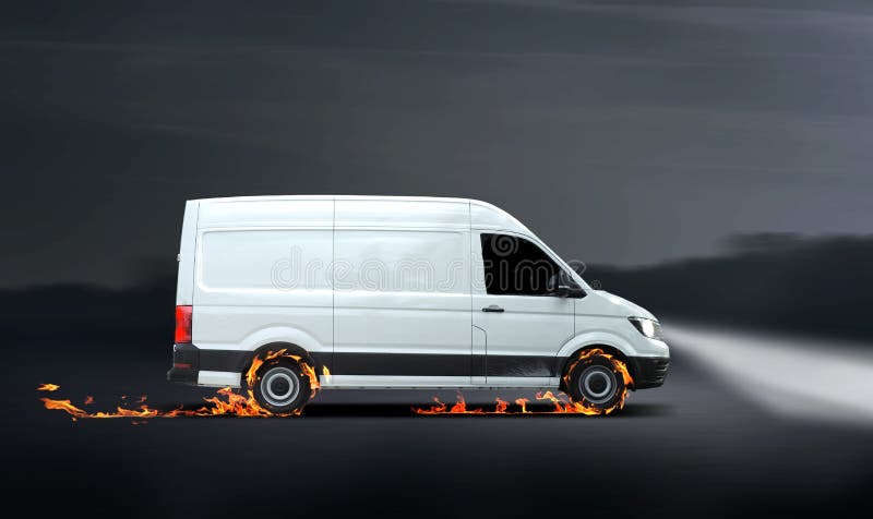 Fast Delivery Van with Burning Tires Stock Photo - Image of drive ...