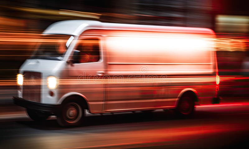 Fast Delivery Van Illuminating the Streets with Bright Lights Creating ...