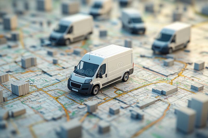 Fast Delivery Vans Navigating a Detailed City Map, Showcasing an ...