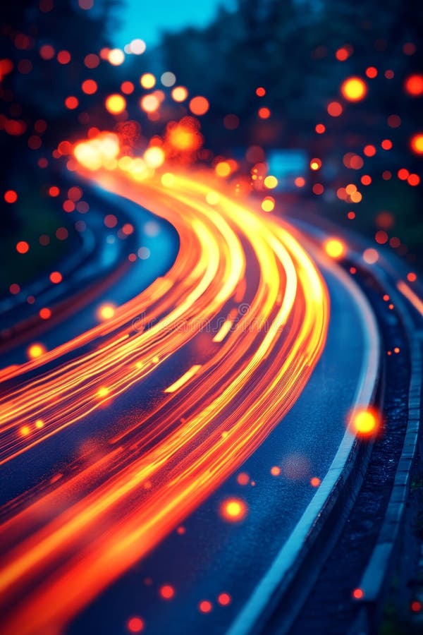 Fast Digital Data Flow on City Road, Bokeh Lights, Motion Blur, Speed ...