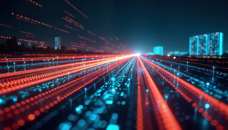 Fast Digital Data Transfer on Road at Night in City. Tech Stream Flows ...