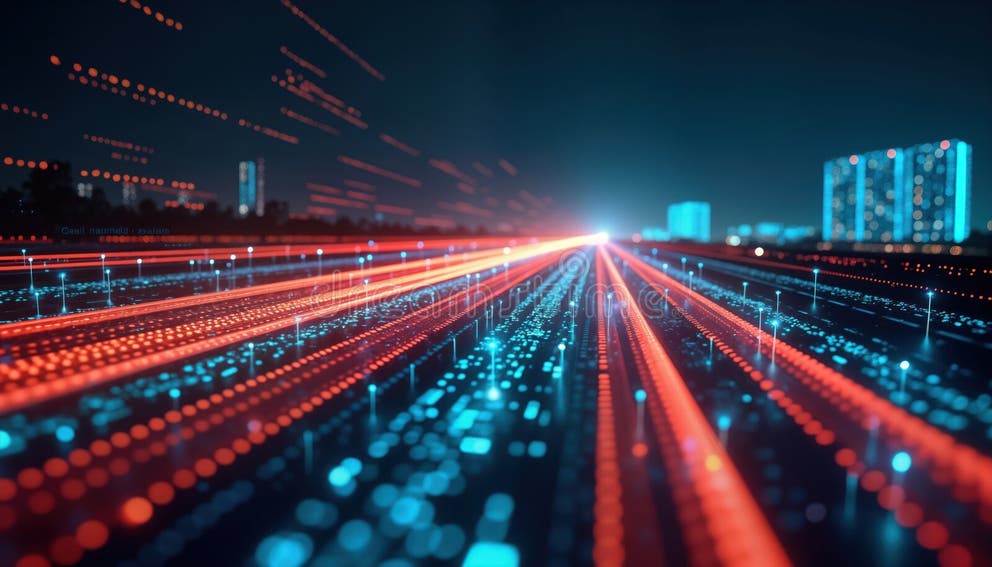 Fast Digital Data Transfer on Road at Night in City. Tech Stream Flows ...