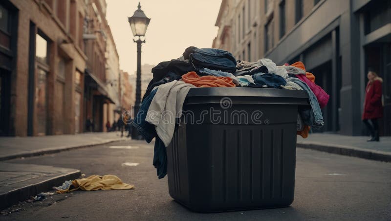 Fast Fashion Concept with a Trash Can Full of Clothes. Stock Photo ...