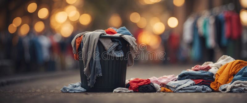 Fast Fashion Concept with a Trash Can Full of Clothes. Stock Image ...