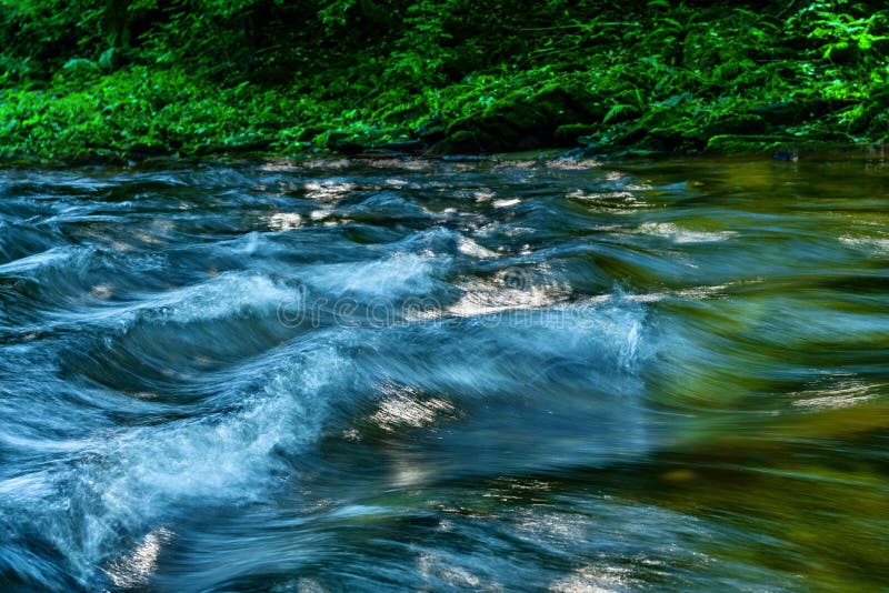 Fast Flowing Blue Water Stream on Green River Bank, Blurred in Motion ...