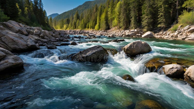 A Fast-flowing Mountain River Cutting through Rugged Terrain, with ...