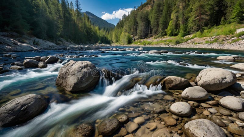 A Fast-flowing Mountain River Cutting through Rugged Terrain, with ...