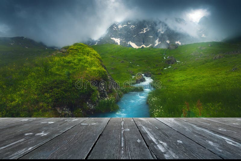 Fast Flowing Mountain River with Empty Wooden Batten Bridge. Natural ...