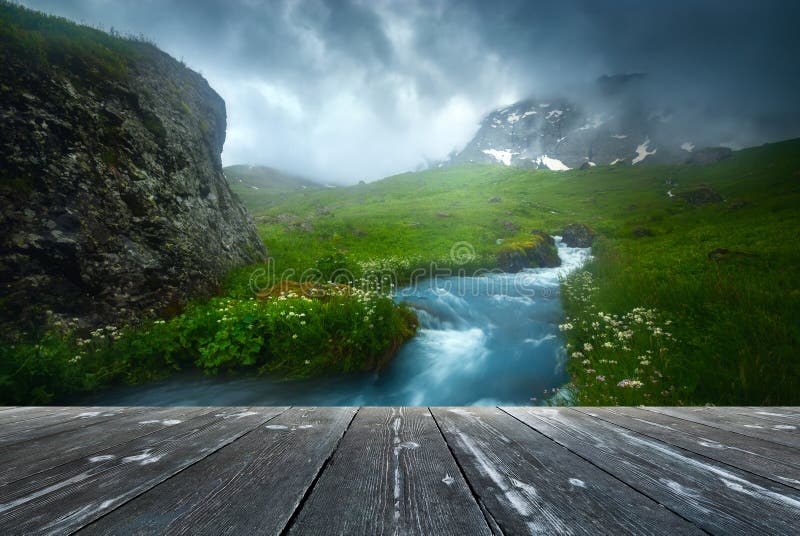 Fast Flowing Mountain River with Empty Wooden Batten Bridge. Natural ...