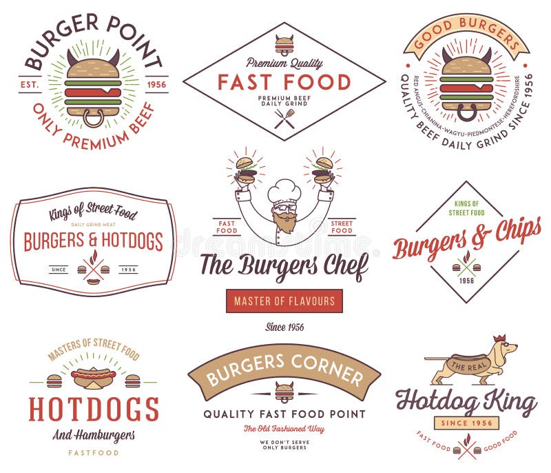 Fast Food Badges and Icons Colored 1 Stock Illustration - Illustration ...