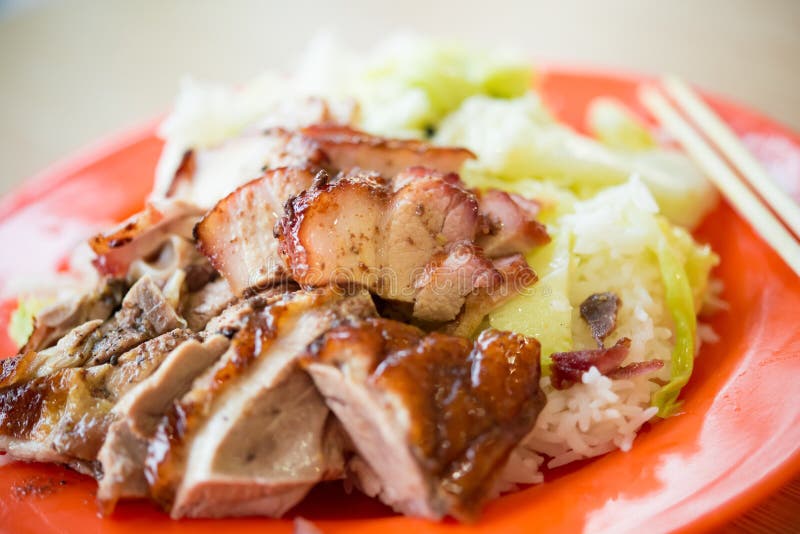 Fast Food of Barbeque Pork and Roasted Duck with Rice Stock Photo ...