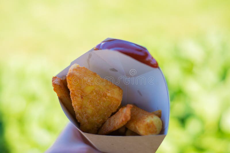 Fast Food: Breaded Baked Potatoes and Cheese Sticks with Sauce Stock ...