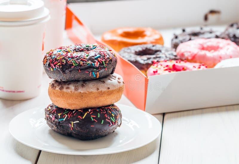 Fast Food Breakfast with Donut Stock Image - Image of cake, saucer ...