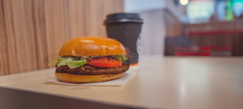 Fast Food Burger. Hamburger Table in Fast Food Restaurant Stock Photo ...