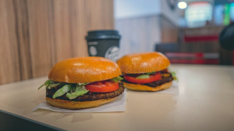 Fast Food Burger. Hamburger Table in Fast Food Restaurant Stock Photo ...