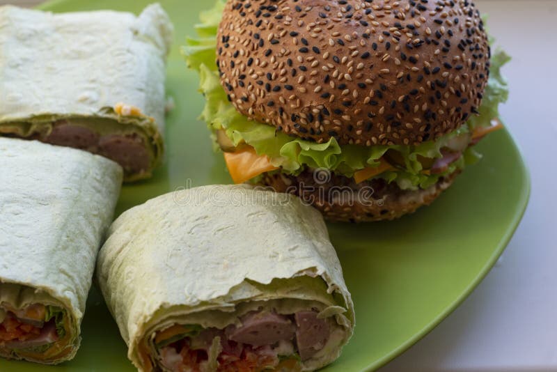 Fast Food Burger Junk Food on a Plate Stock Image - Image of french ...