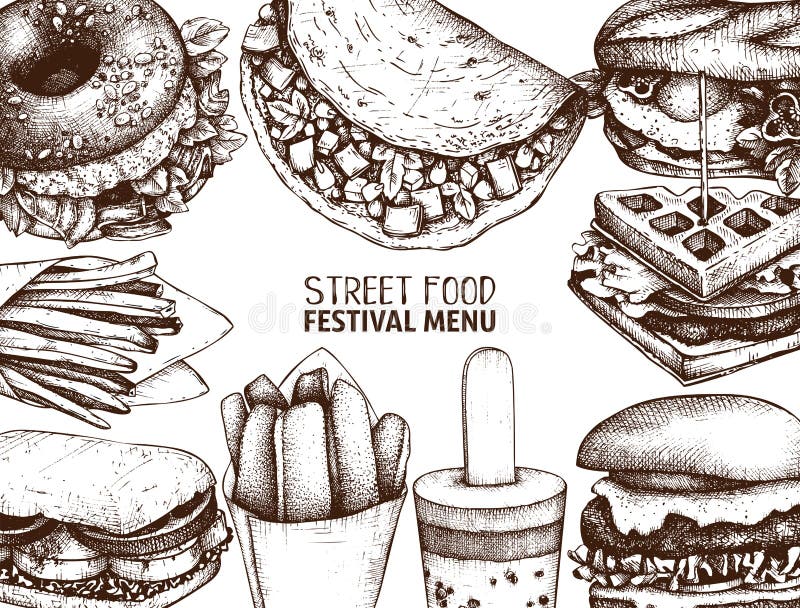 Collection Set of Fast Food, Junk Food, Street Food with Cute Kawaii ...