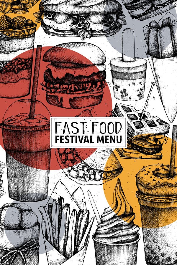 Fast Food Art. Engraved Style Design with Vector Drawing for Logo, Icon ...