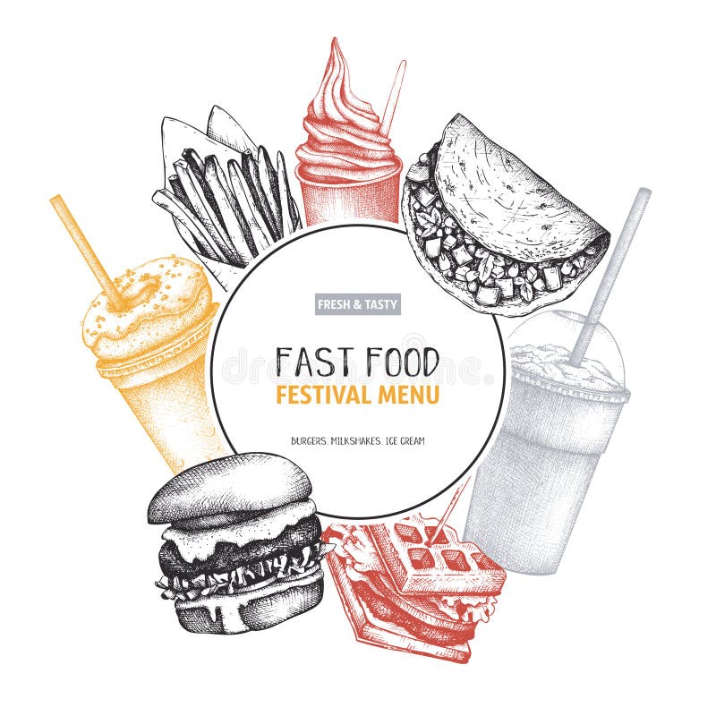 Fast Food Art. Engraved Style Design with Vector Drawing for Logo, Icon ...