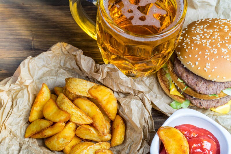 Fast Food And A Chilled Glass Of Fresh Light Beer. Stock Photo - Image ...