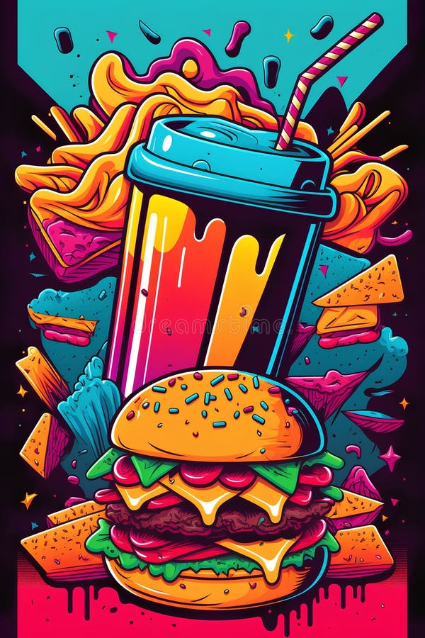 Fast Food Colorful Poster with Hamburger and Cup of Cola. Vector ...