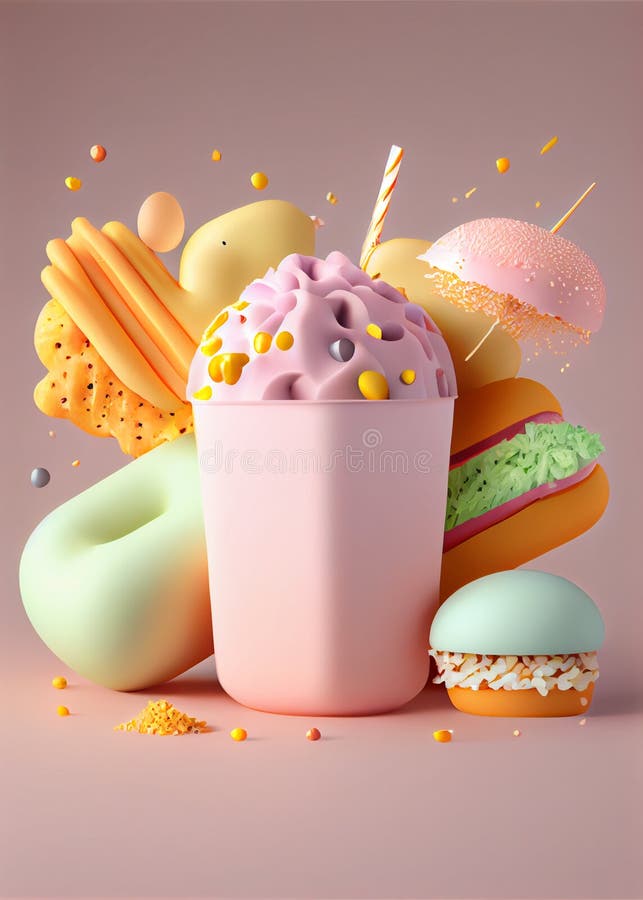 Fast Food Concept Cartoon Style on Pink Background. AI Generated Stock ...