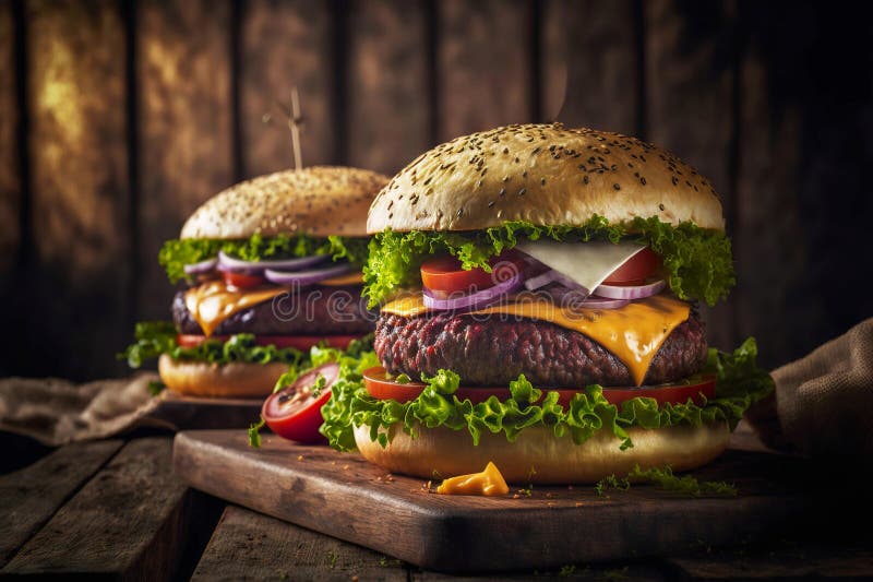 Fast Food Craft Burger Set on Wooden Table Stock Illustration ...