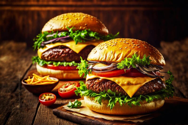 Fast Food Craft Burger Set on Wooden Table Stock Illustration ...