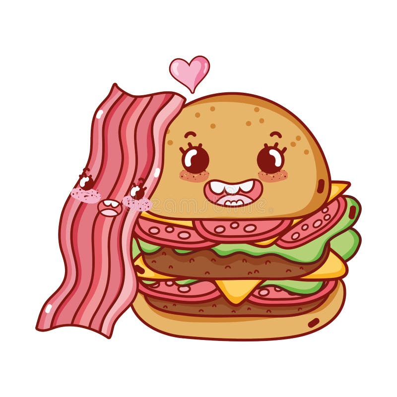 Fast Food Cute Double Burger and Bacon Cartoon Stock Vector ...