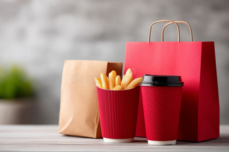 Fast Food Delivery Packaging Featuring Fries and Drink in Disposable ...