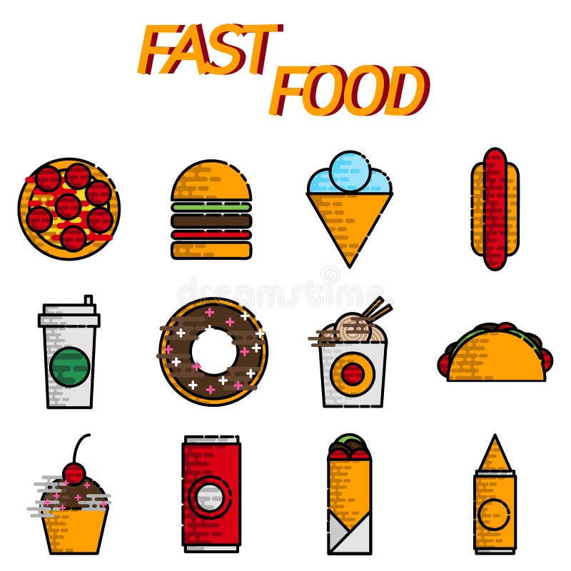 Fast food flat icon set stock vector. Illustration of pizzeria - 76732118