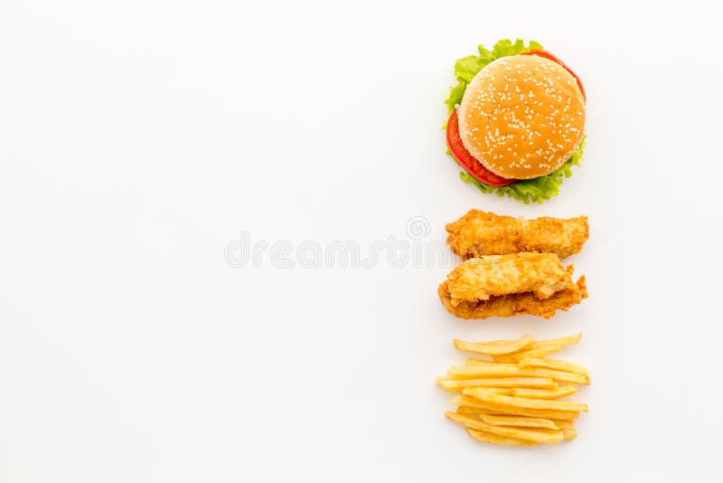Fast Food Flat Lay Set. Burger with Fried Potatoes and Chicken, Top ...