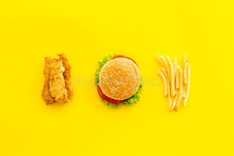 Fast Food Flat Lay Set. Burger with Fried Potatoes and Chicken, Top ...
