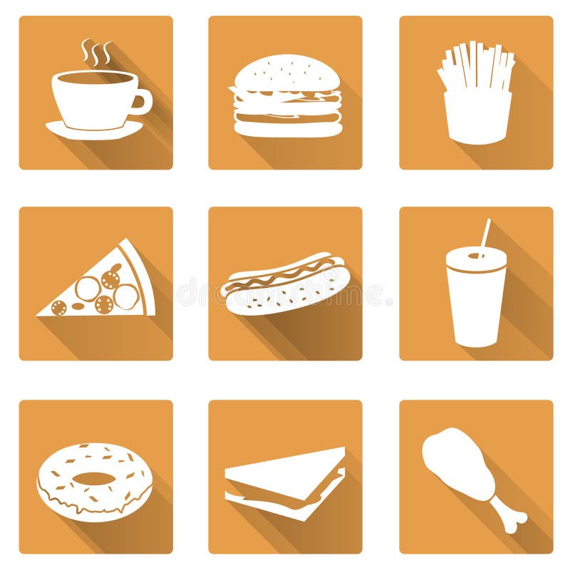 Fast Food Flat Orange Icons with Shadow Set Stock Vector - Illustration ...