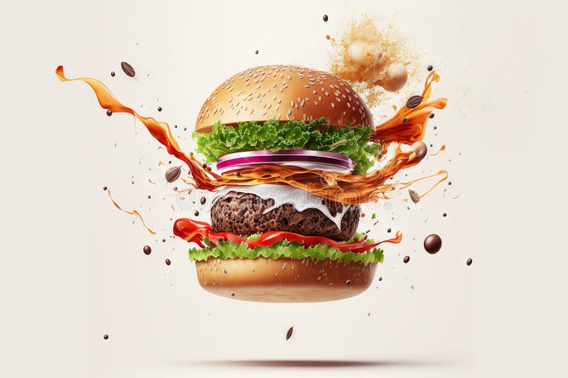 Fast Food Floating Hamburger with Sauce Burger on White Background ...