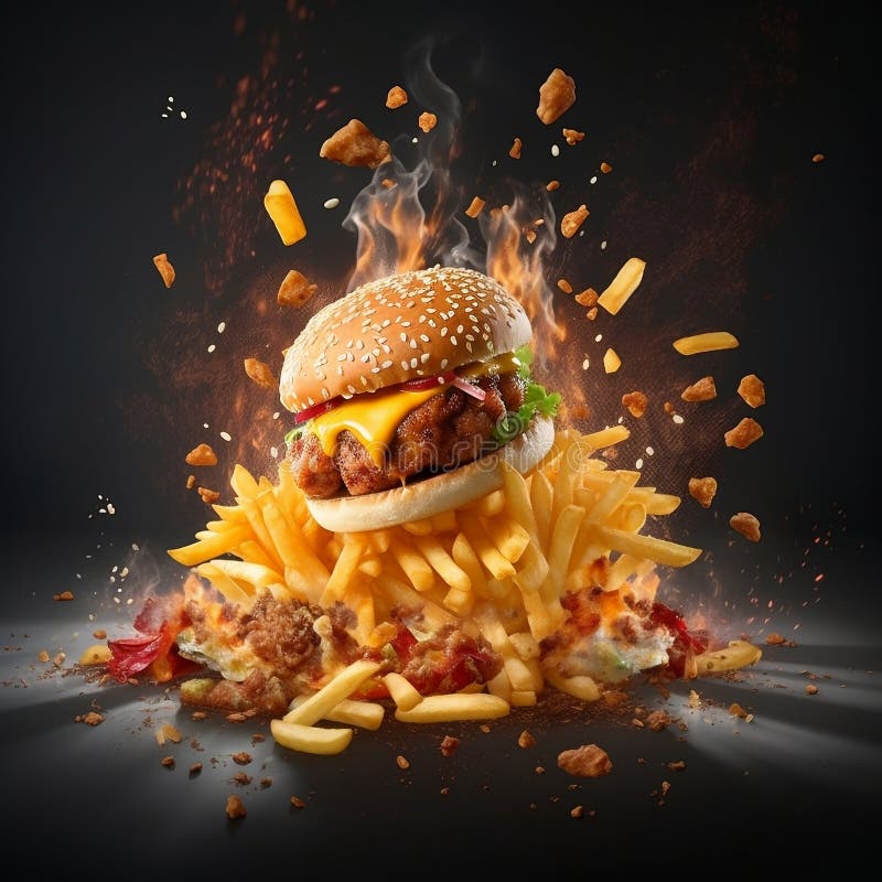 Fast Food Flying and Exploding on a Dark Background. AI Stock ...