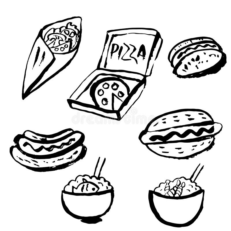 Fast Food Grunge Ink Icon Set. Vector Illustration. Stock Vector ...