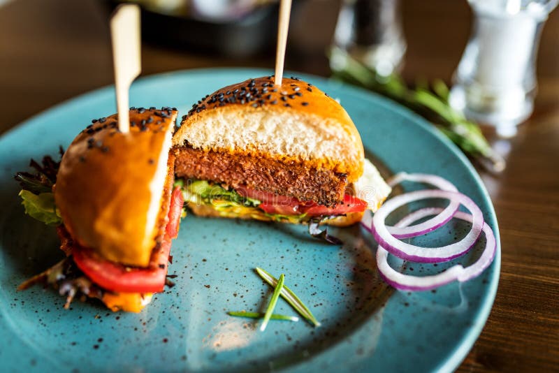 Fast food hamburger stock photo. Image of table, lettuce - 163116656