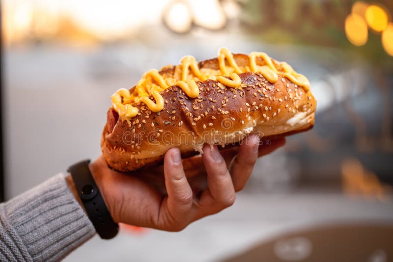 Fast Food in Hand. Delicious Hot Dog Stock Image - Image of fast ...