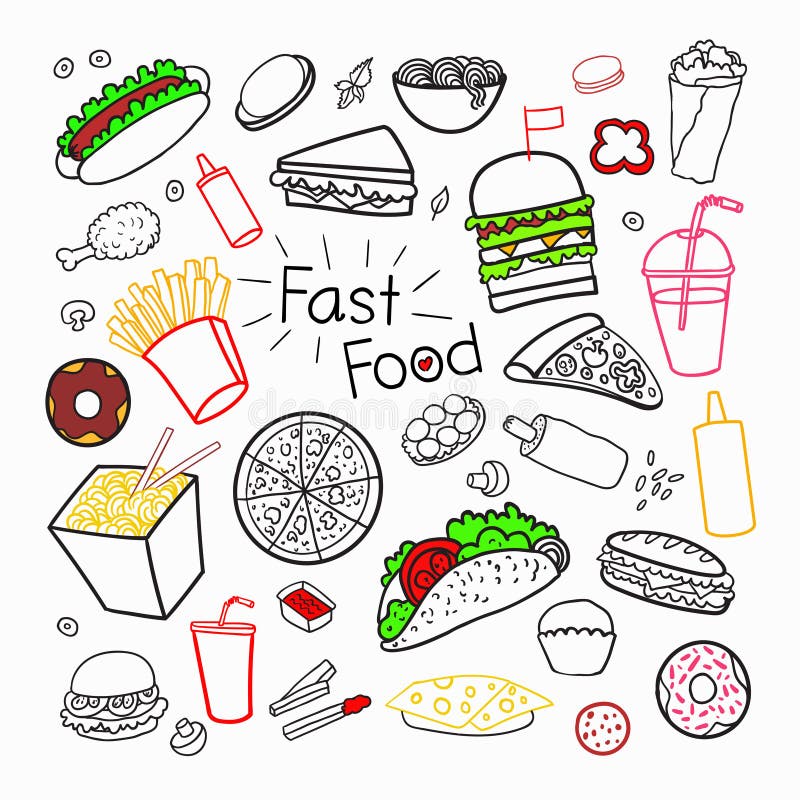 Fast Food Hand Drawn Elements Set with Burgers, Pizza and Fries ... Fast Food Hand Drawn Elements Set with Burgers, Pizza and Fries ...