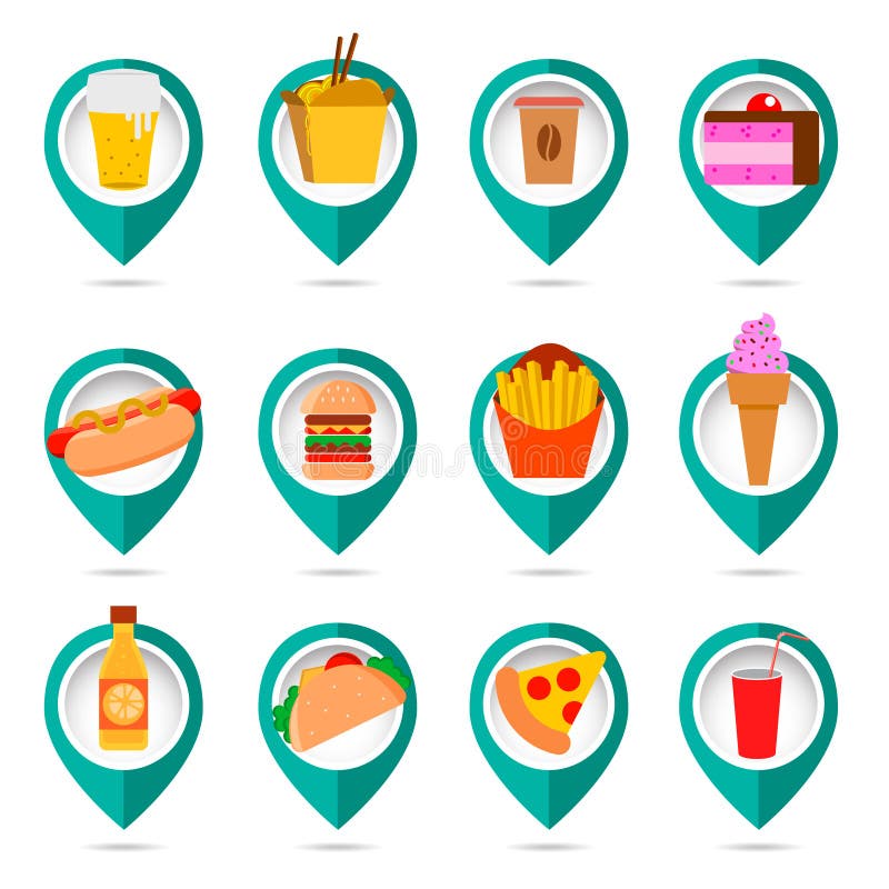 Fast Food Icons with Map Marks Stock Vector - Illustration of dinner ...