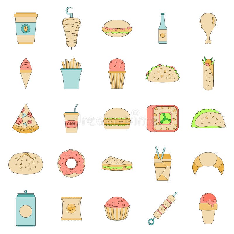 Fast Food Icons Set Vector Color Stock Vector - Illustration of drink ...