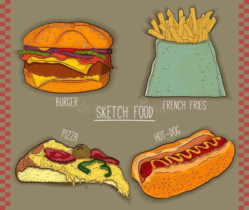 4 Fast Food Items for Restaurants Menu. Hand Drawn Illustration. Vector ...